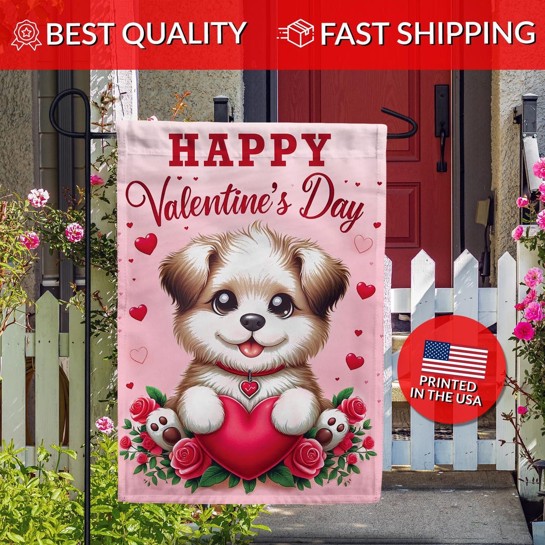 Happy Valentine's Day Double Sided Flag - Valentine Puppy, Cute Puppy ...