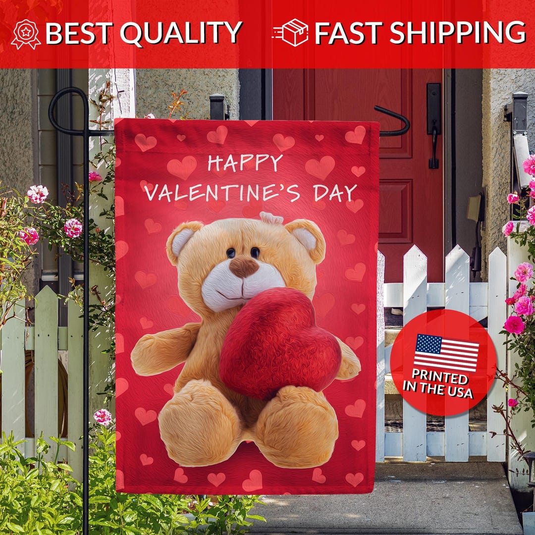 Happy Valentine's Day Double Sided Flag - Adorable Teddy Bear With ...