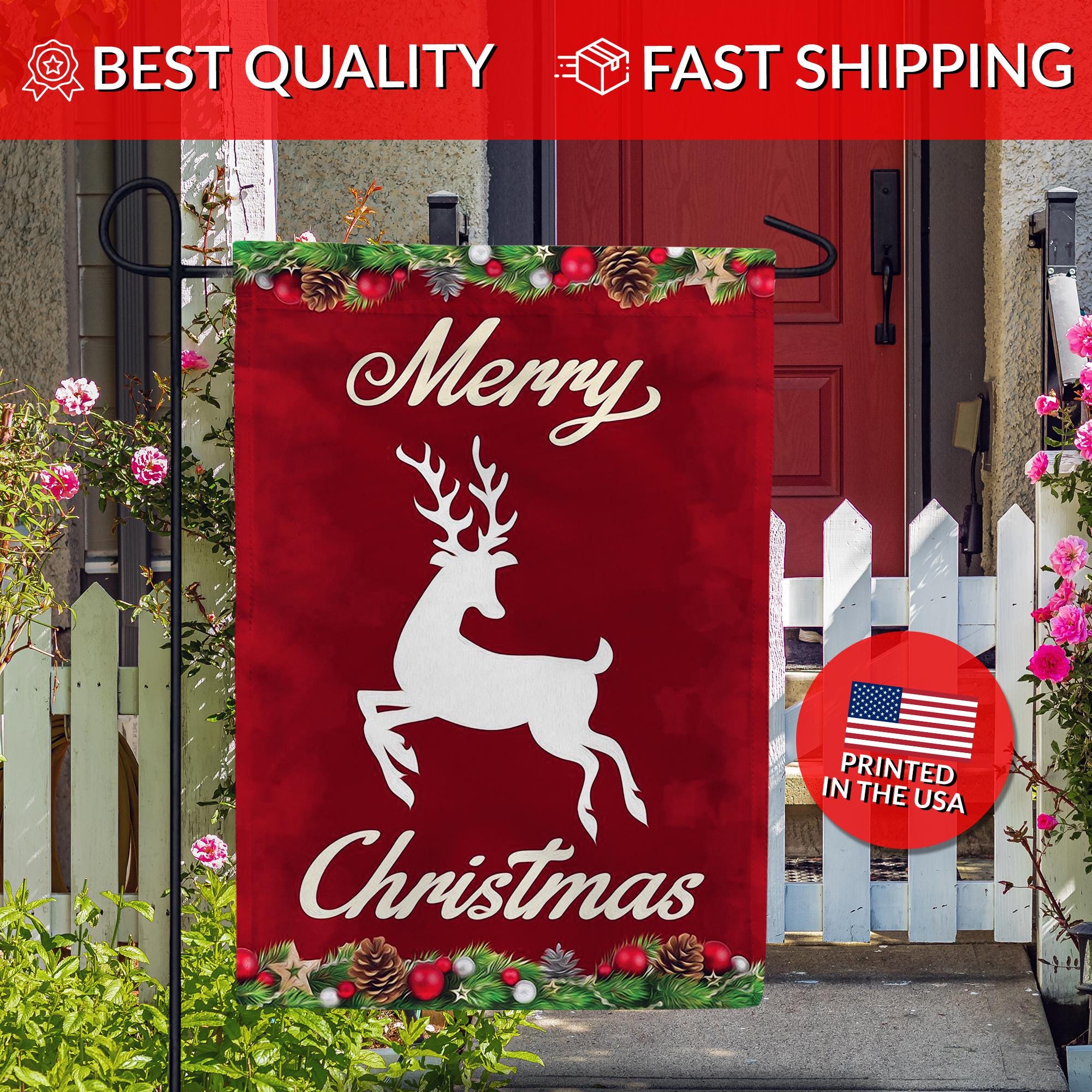 Christmas Reindeer Garden Flag Merry Christmas Flag, Xmas Garden Flag ...