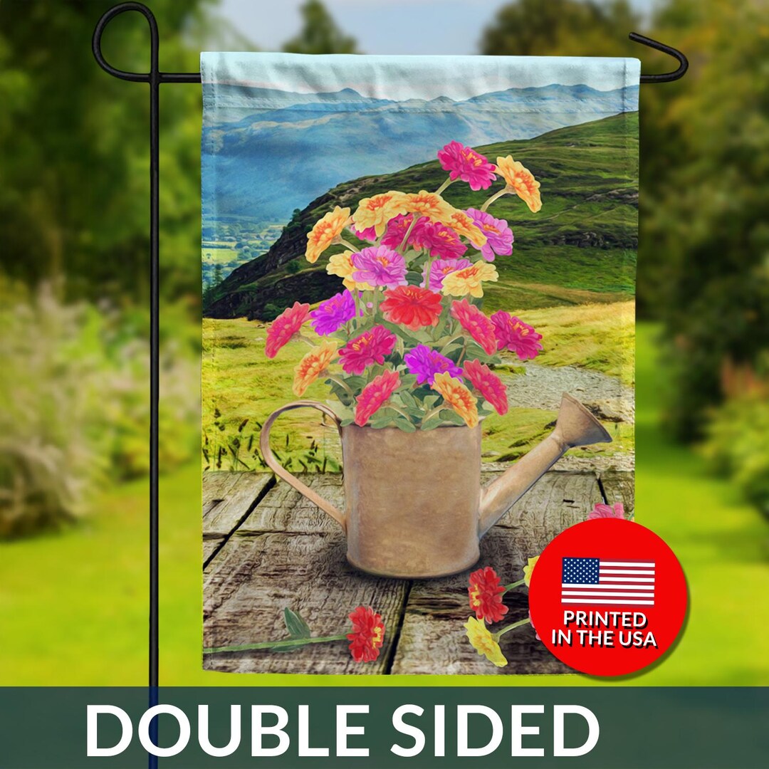 Mountain Zinnias Double Sided Flag - Zinnia Flag, Gold Watering Can ...