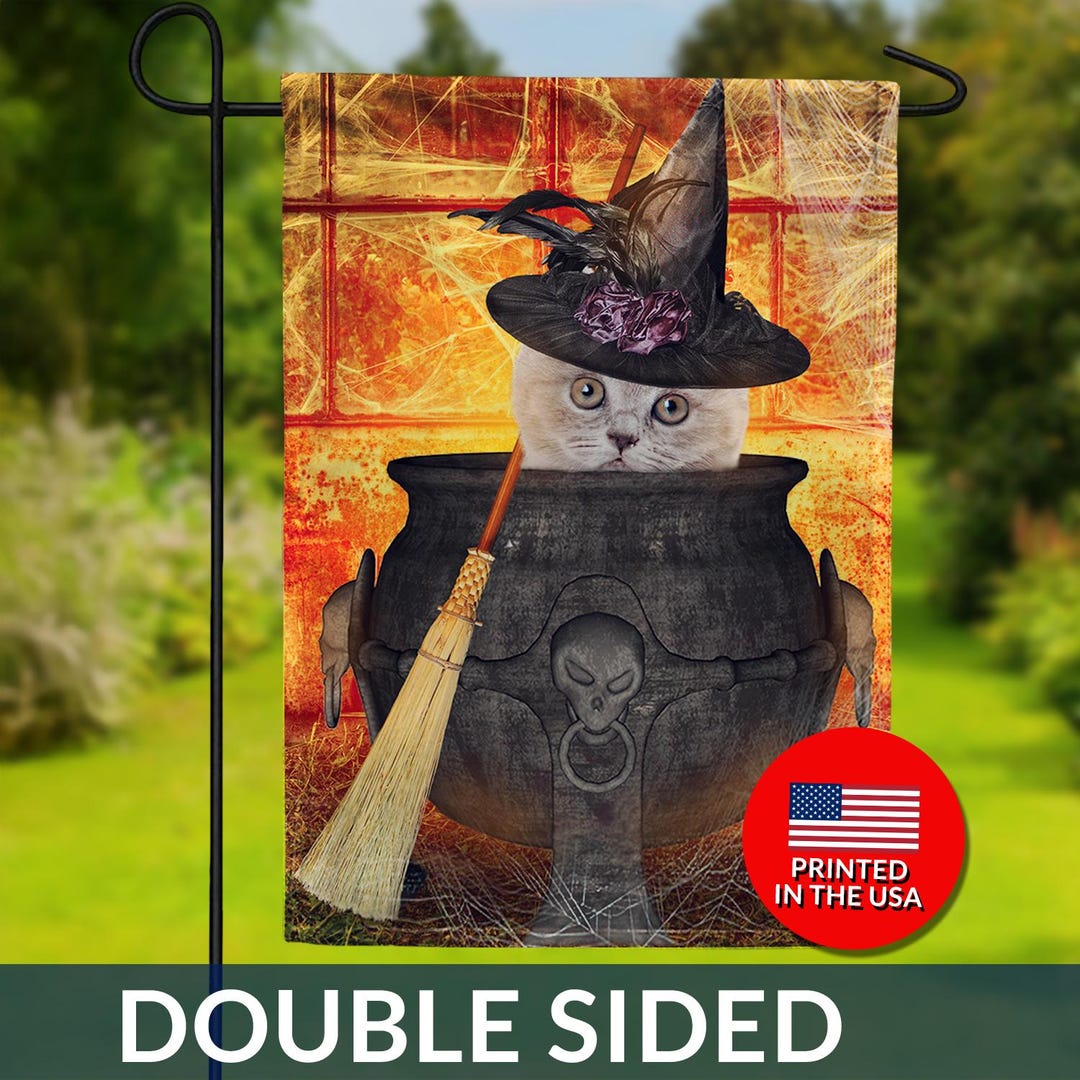 Cat in Cauldron Witch Cat Double Sided Flag - Witch Hat Broomstick ...