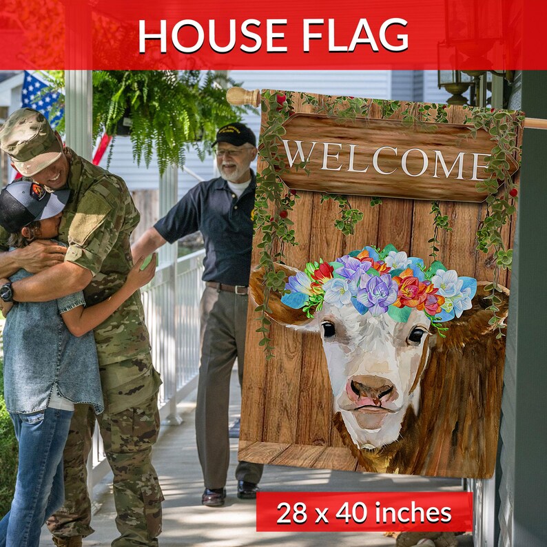 Cow Welcome Flag – Flower Crown Heifer, Farmhouse Decor - Etsy