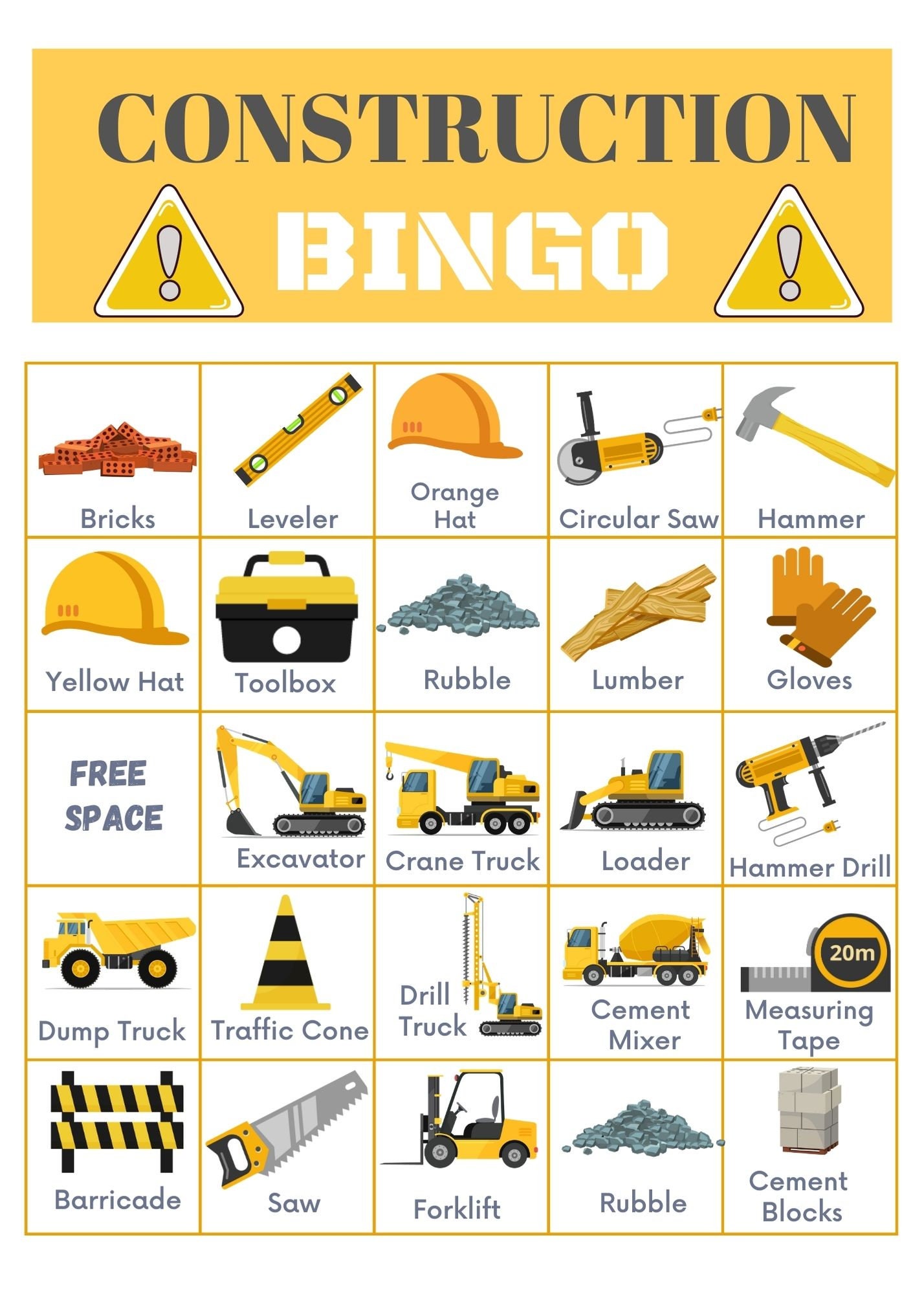Construction Bingo - Etsy