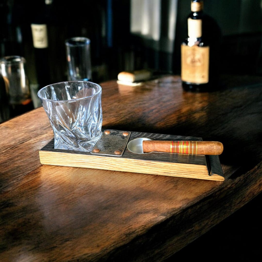 Rustic OAK 11" Whiskey Barrel Stave Inspired Cigar Holder, Ashtray, and ...