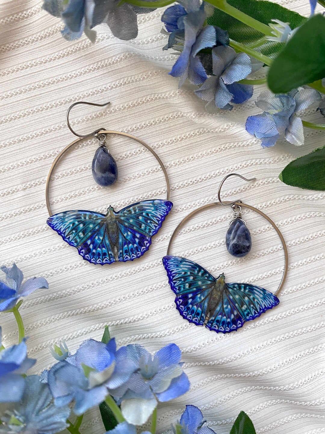 Himalayan Constable Butterfly Hoop Earrings Faux Resin Coated ...