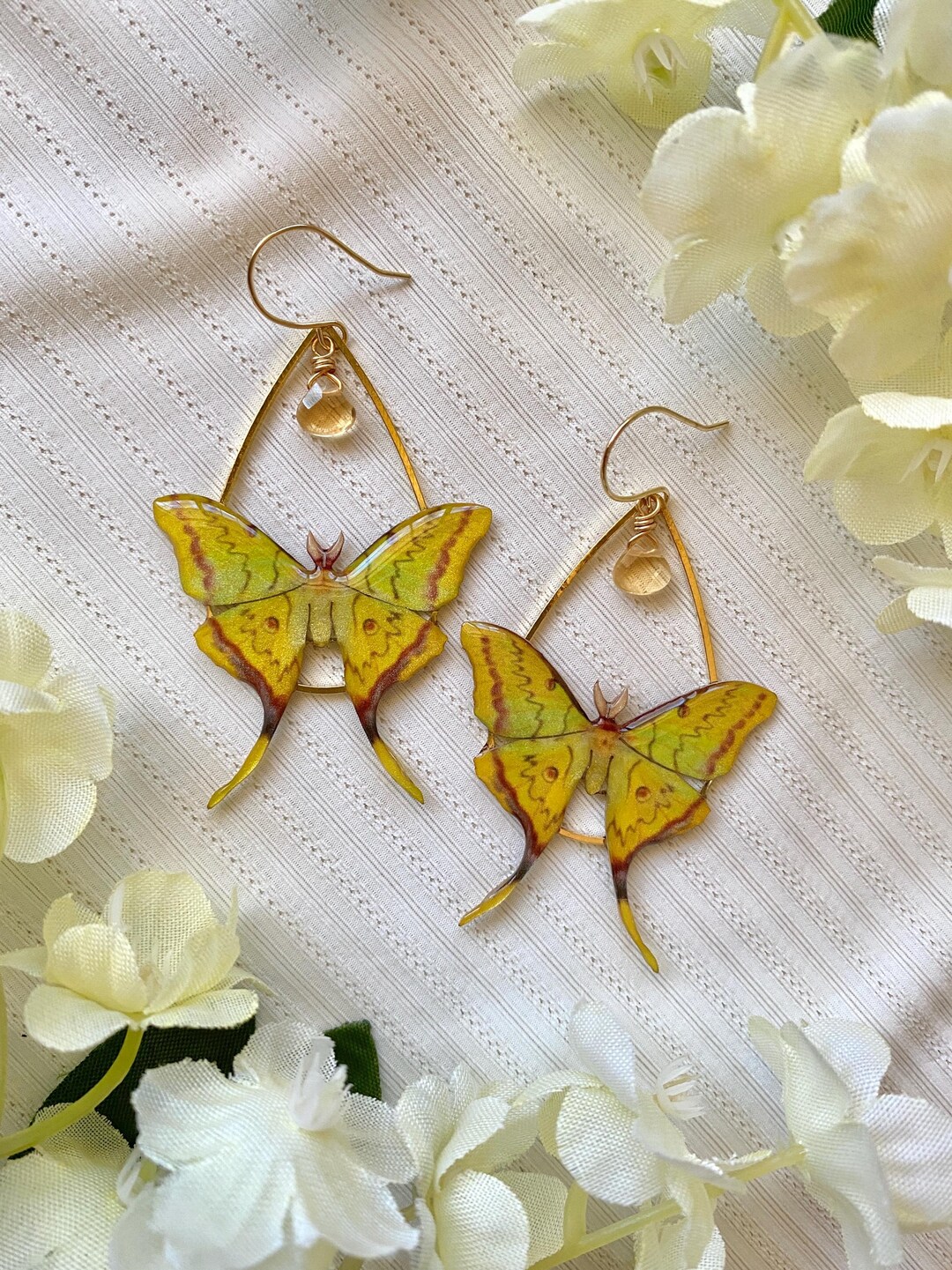 Gold Chinese Moon Moth Resin Teardrop Citrine Earrings - Etsy