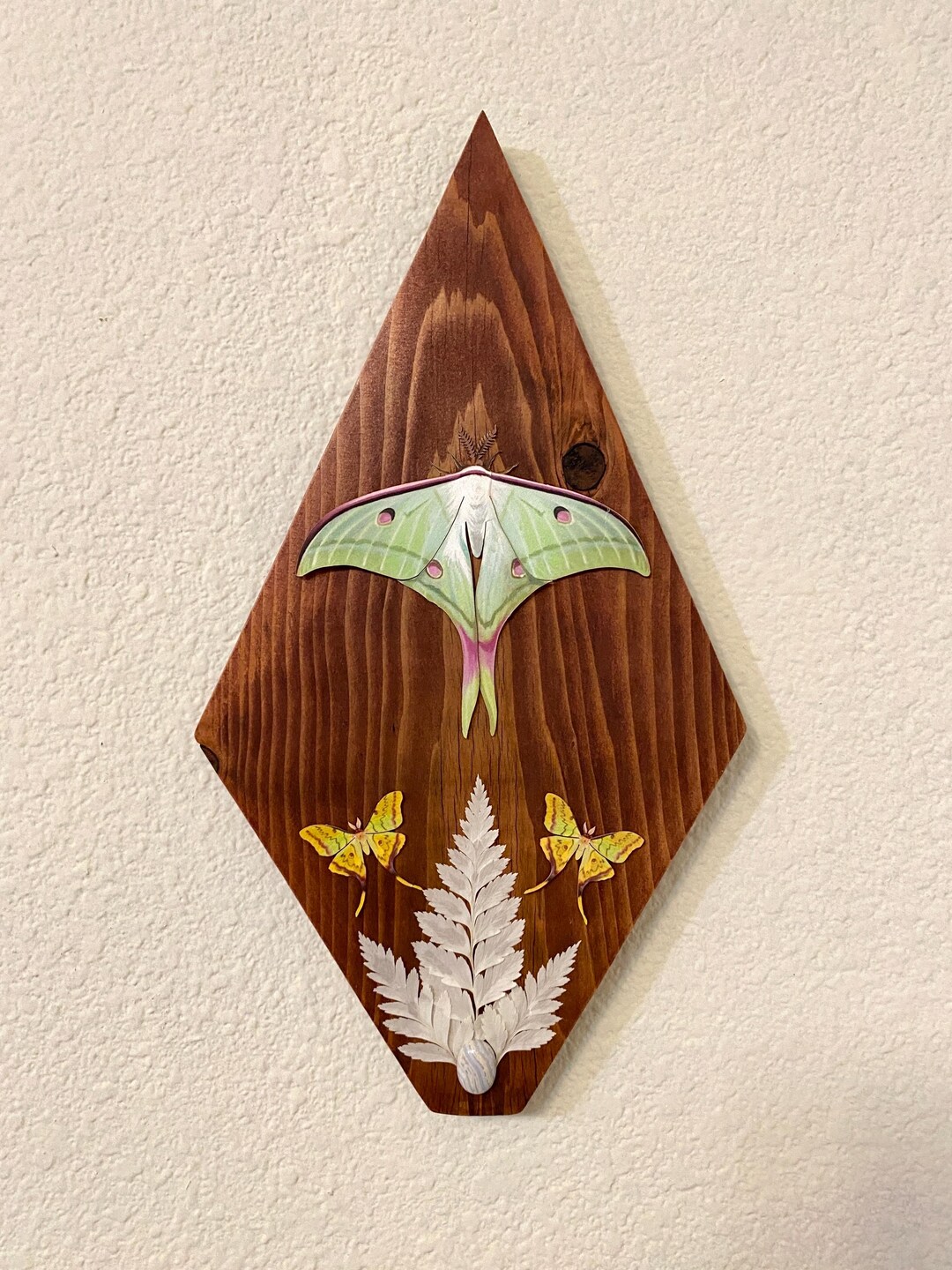 Green & Golden Luna Moth Upcycled Diamond Shaped Stained Wall Hanging ...