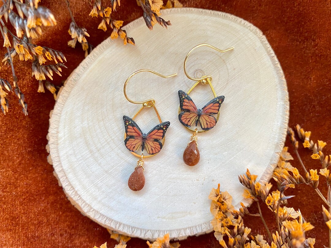 Monarch Butterfly Earrings - Faux Resin Coated Butterflies - Gold ...