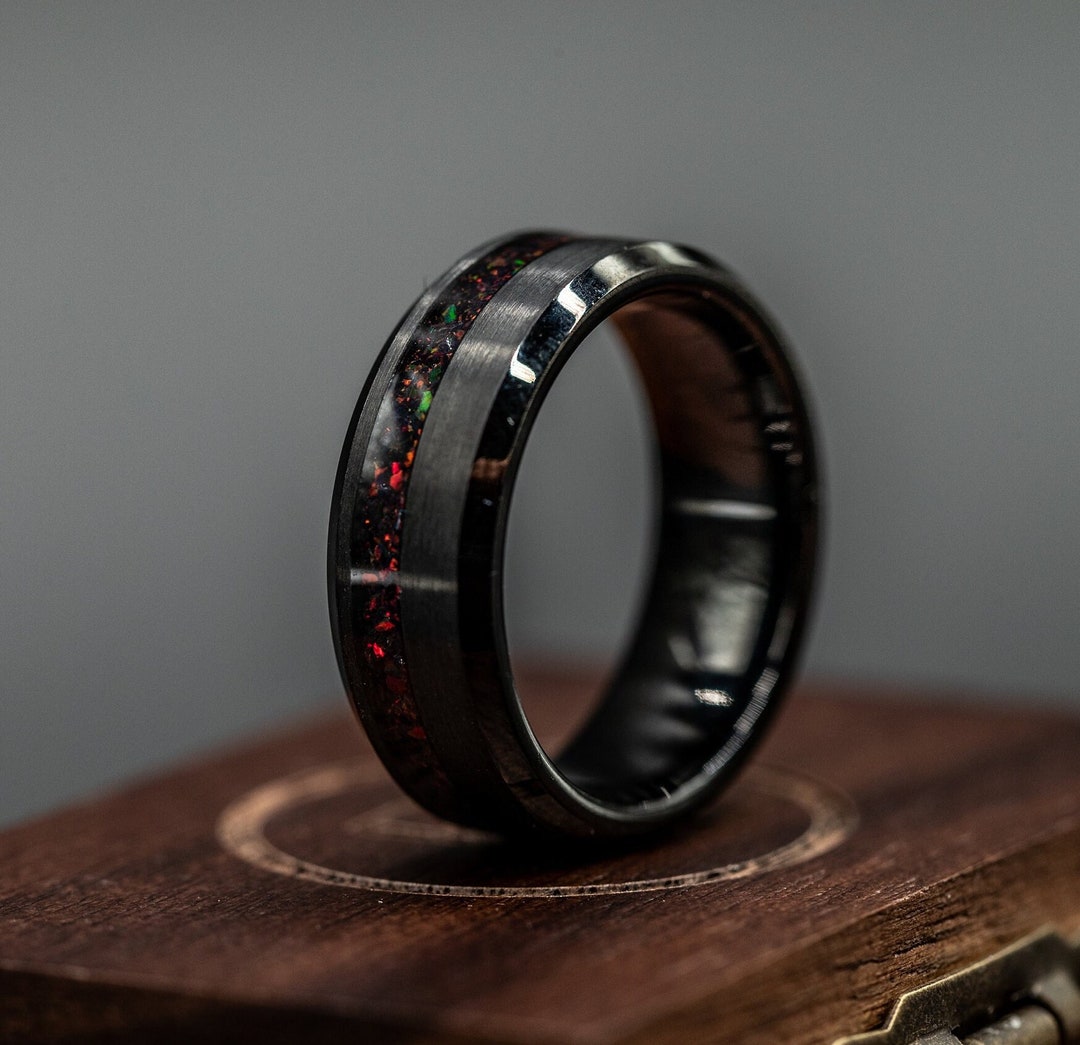 Black Fire Opal Tungsten Wedding Ring - Brushed Finish, Unique Mens ...