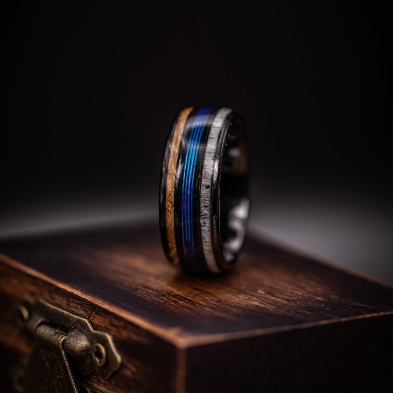 Antler & Whiskey Barrel Wood Wedding Ring: Blue Fishing Line Tungsten ...