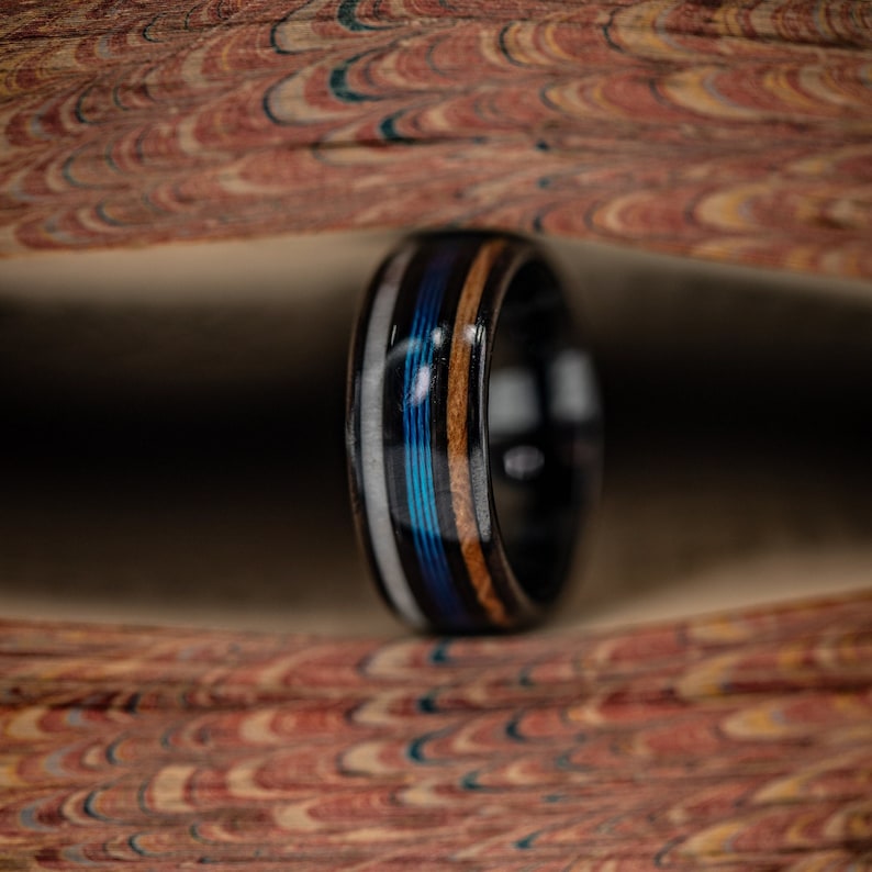 Antler & Whiskey Barrel Wood Wedding Ring: Blue Fishing Line Tungsten ...