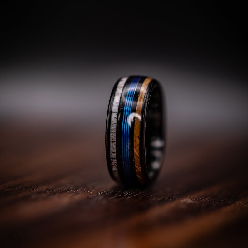 Antler & Whiskey Barrel Wood Wedding Ring: Blue Fishing Line Tungsten ...