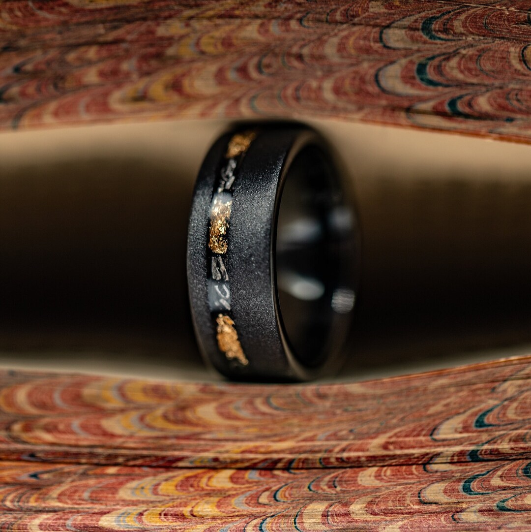 BLACK & GOLD WEDDING Ring With Meteorite and Gold Leaf Inlay,meteorite ...