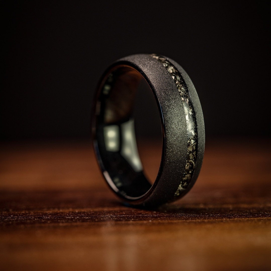 BLACK METEORITE RING With Sandblasted Finish, Men's Wedding Band Black ...