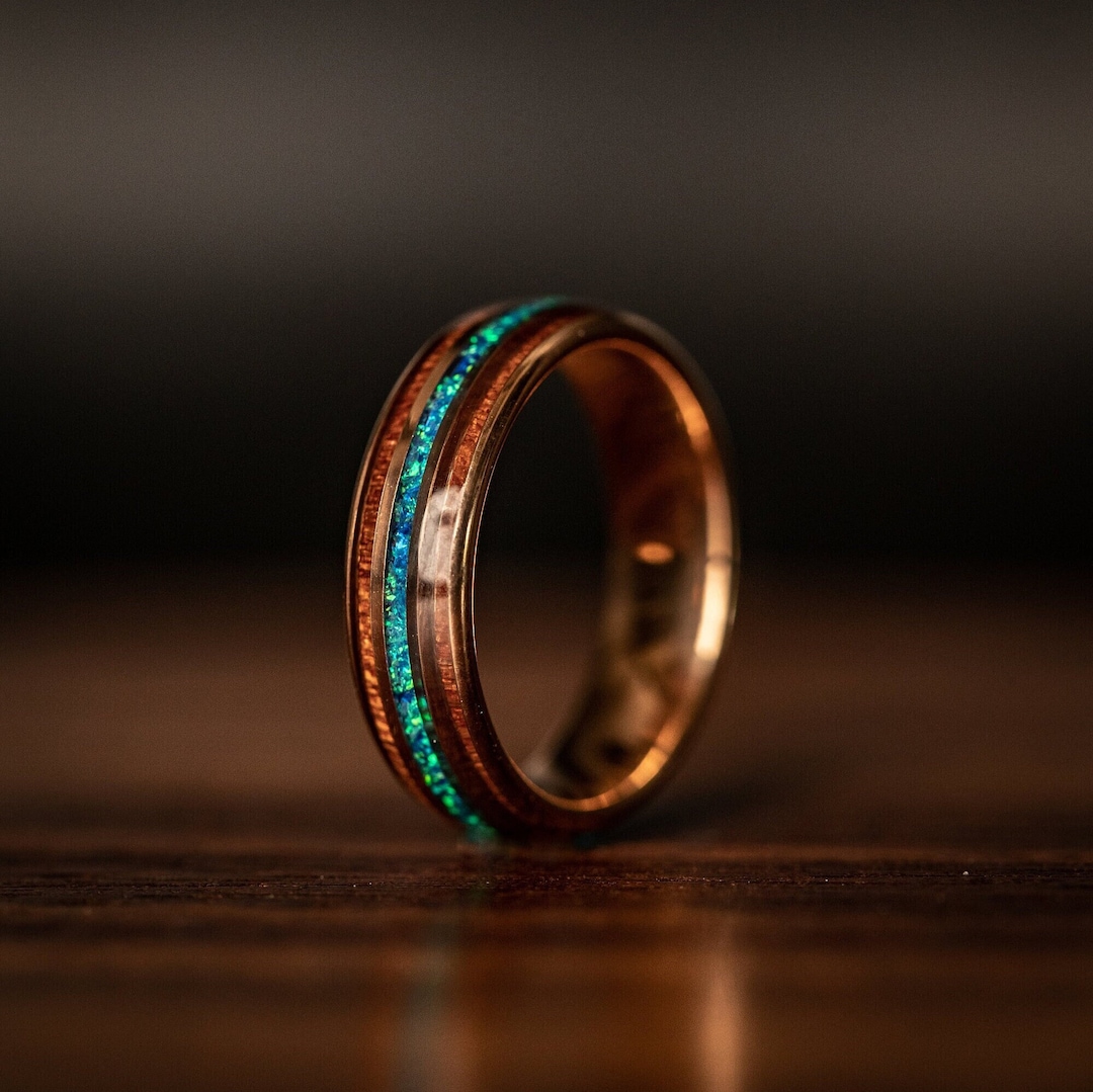 Rose Gold Koa Wood Wedding Ring With Blue Opal Inlay (6mm) - Etsy