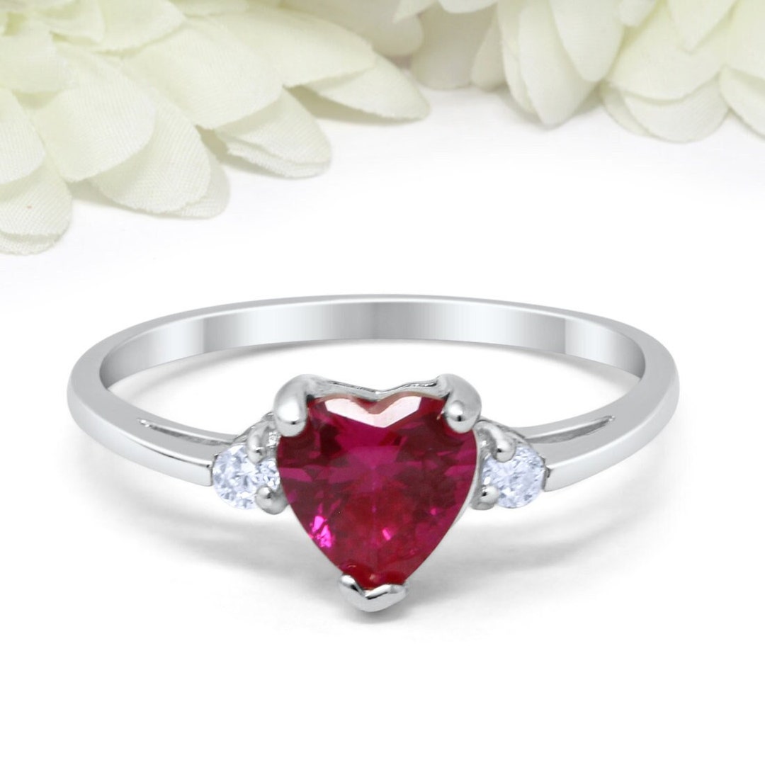 Heart Red Ruby CZ Promise Ring 925 Sterling Silver Round Simulated ...