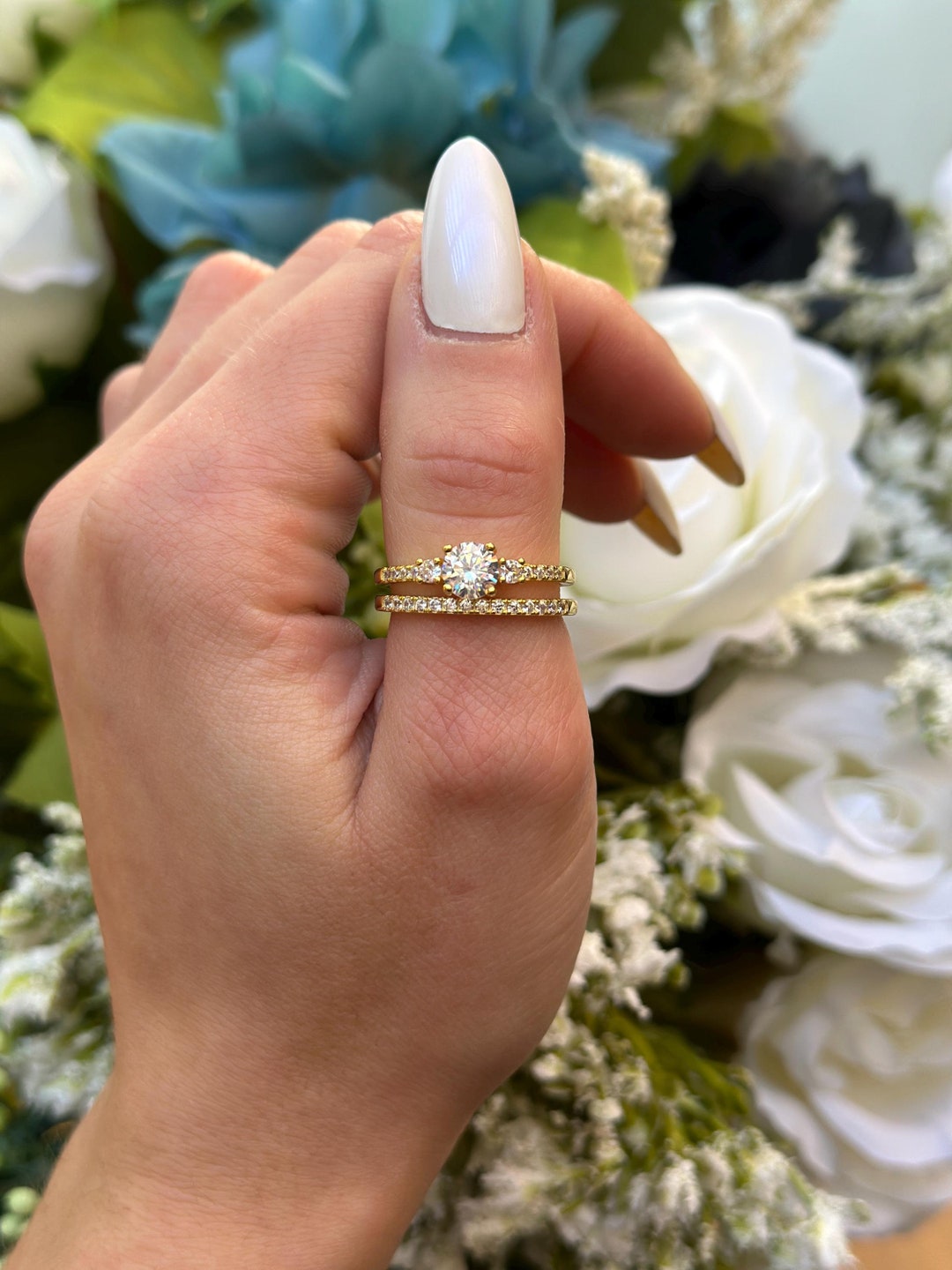 Art Deco Sterling Silver Two Piece Ring Set: 1 Ct CZ Engagement - Etsy