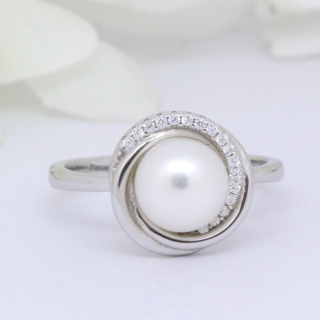 Freshwater Pearl Swirl Wedding Engagement Ring Bridal Round Simulated ...