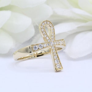 14k Solid Gold Ankh Cross Ring Ankh Ring Round Pave Diamond CZ Religious 14K Yellow Gold Rose ...