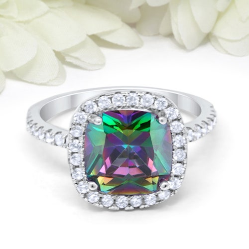 Halo Cushion Cut 2 75 Carat Mystic Rainbow Fire Topaz Wedding Etsy