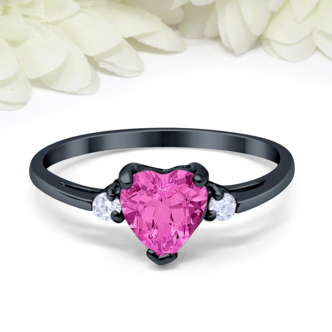 Heart Pink CZ Promise Ring Black Gold 925 Sterling Silver Round ...