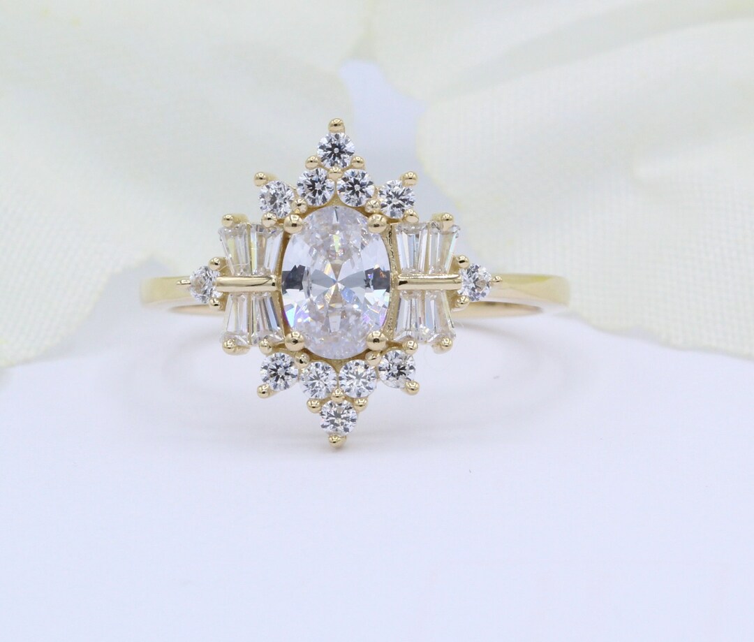 Halo Oval Baguette Art Deco Vintage Ring 0.76ct Oval Diamond CZ Solid ...