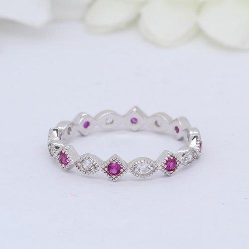 3-stone Engagement Ring Round Ruby CZ Simulated Diamond 925 - Etsy