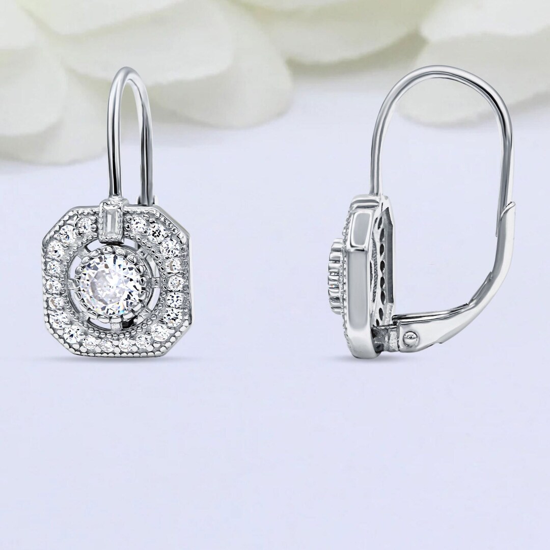20mm Halo Octagonal Earrings CZ 925 Sterling Silver Leverback Wedding ...