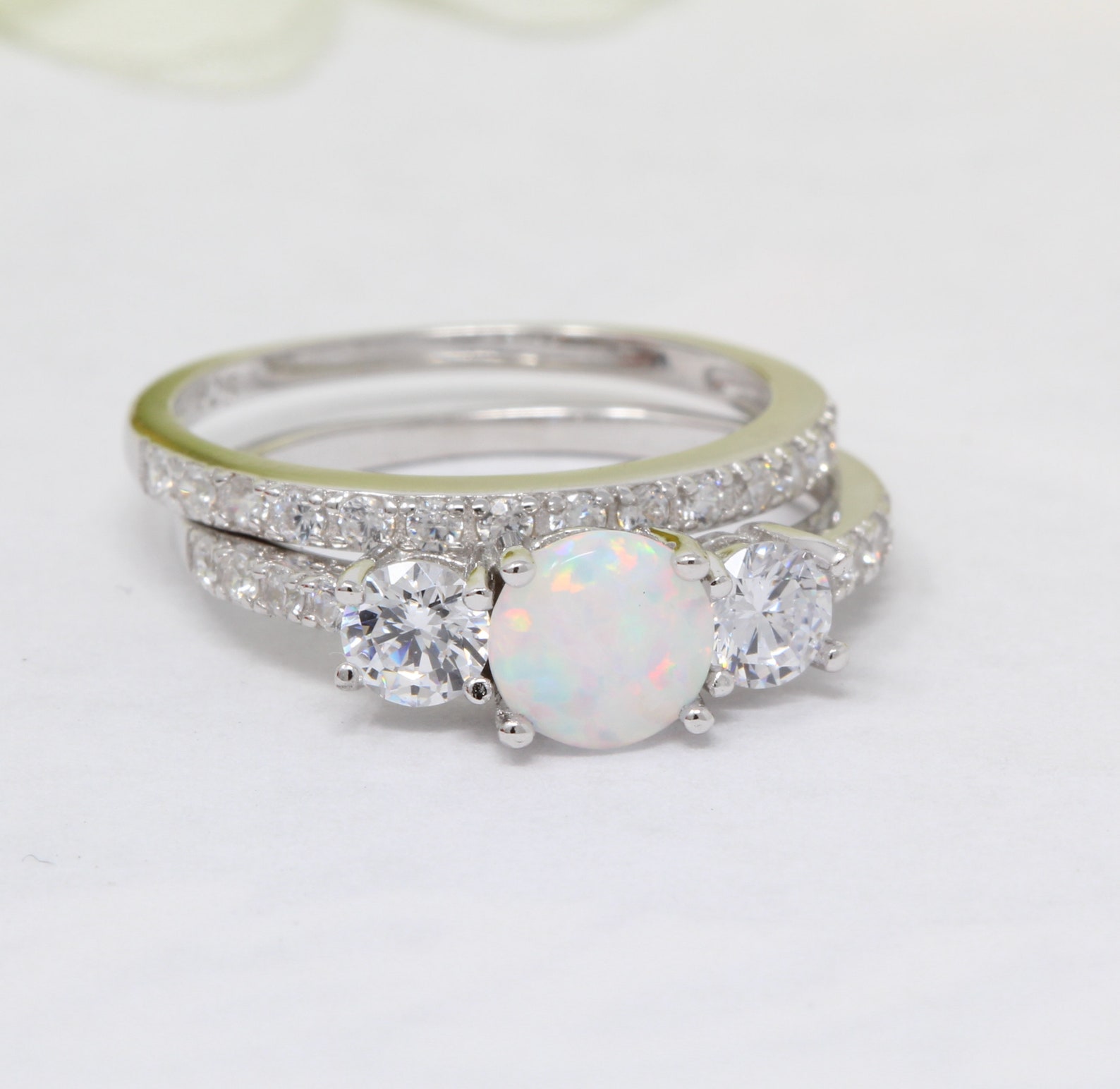 3-stone Three Stone Round Lab White Opal Wedding Engagement - Etsy