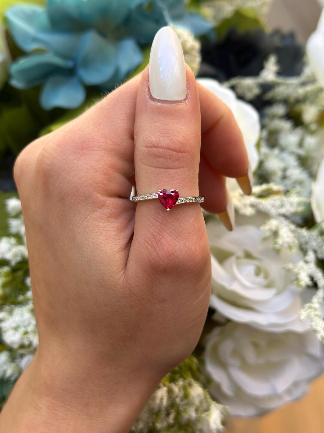 Ruby Heart Ring: 925 Sterling Silver, Diamond CZ Accent - Etsy