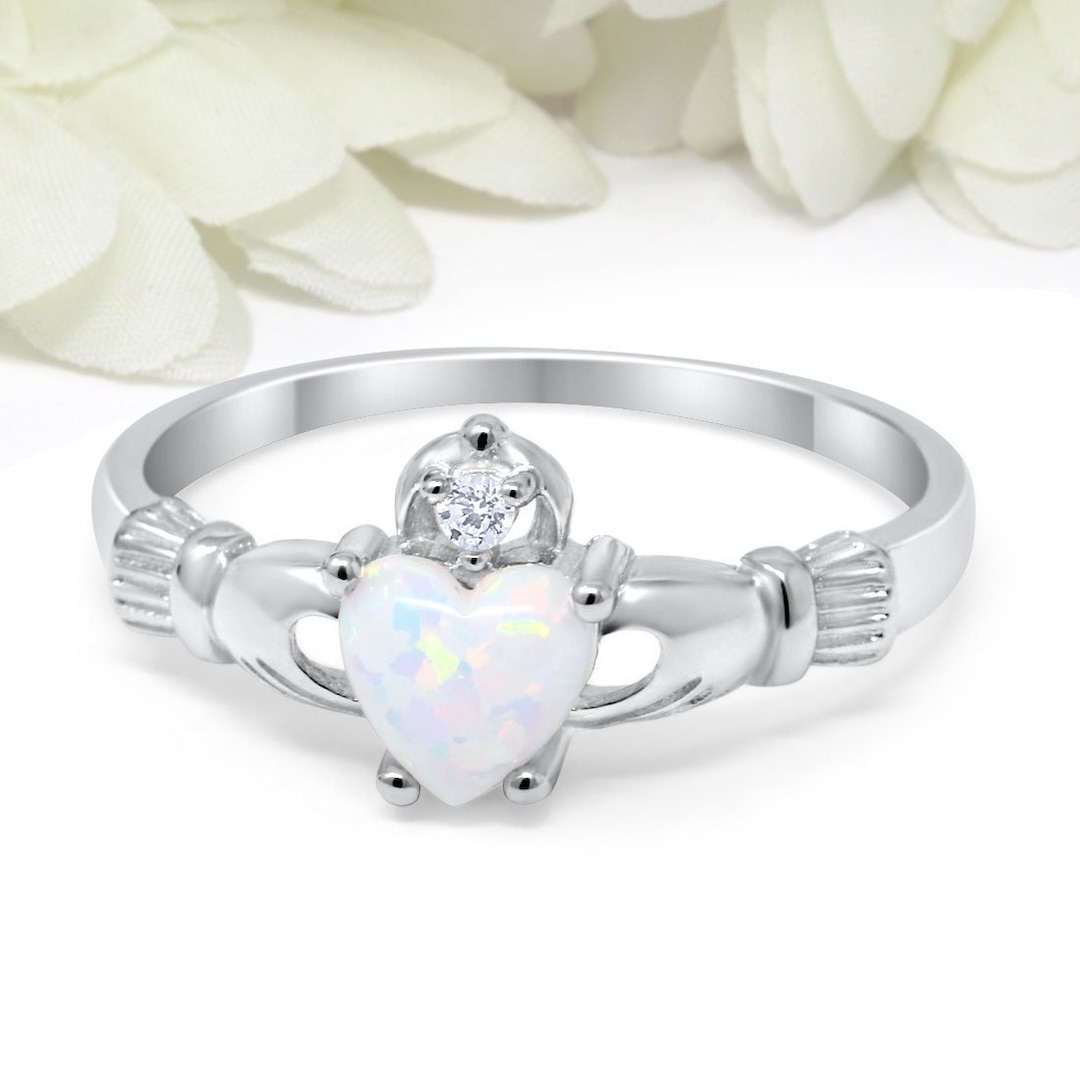 Irish Claddagh Promise Ring Sterling Silver Simulated White Opal Round ...