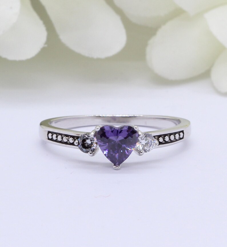 Heart Promise Ring Purple Amethyst CZ Heart Round Simulated | Etsy