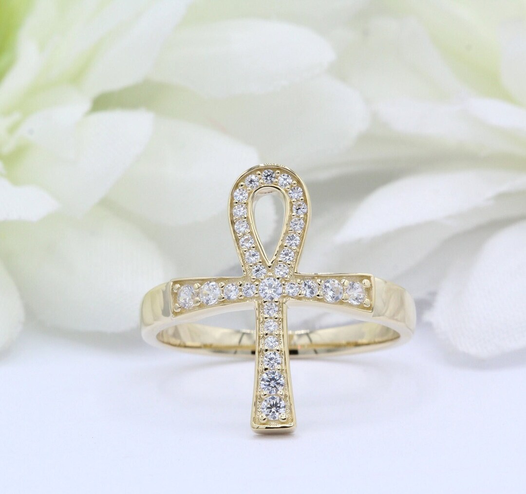 14k Solid Gold Ankh Cross Ring Ankh Ring Round Pave Diamond CZ ...
