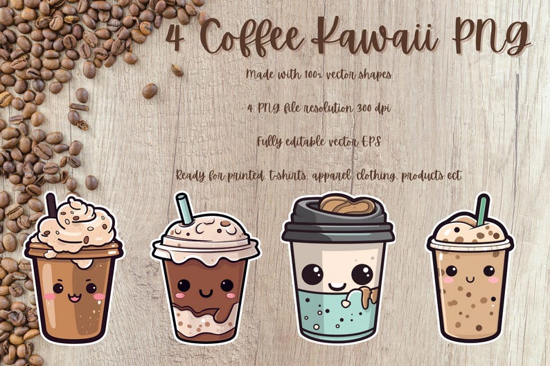 4 Kawaii Cute Coffee Hot Drink PNG - Etsy