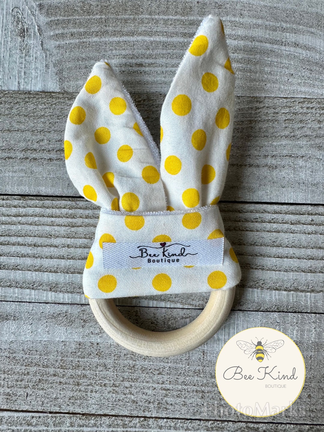 Printed Fabric Bunny Ear Teether for Baby With Yellow and White Polka ...