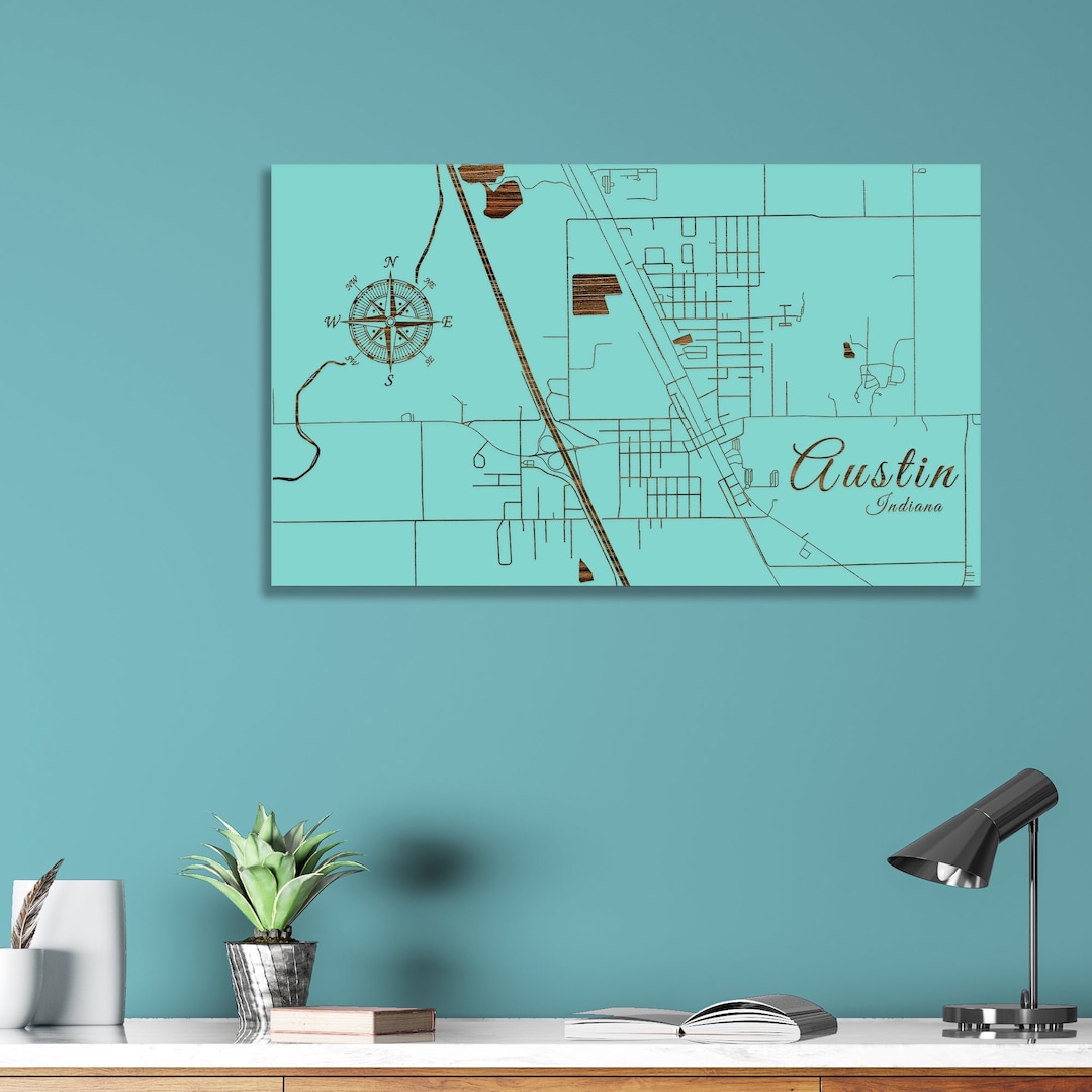 Austin, Indiana Street Map Wood Wall Art Wood Wall Map Wood Engraved ...