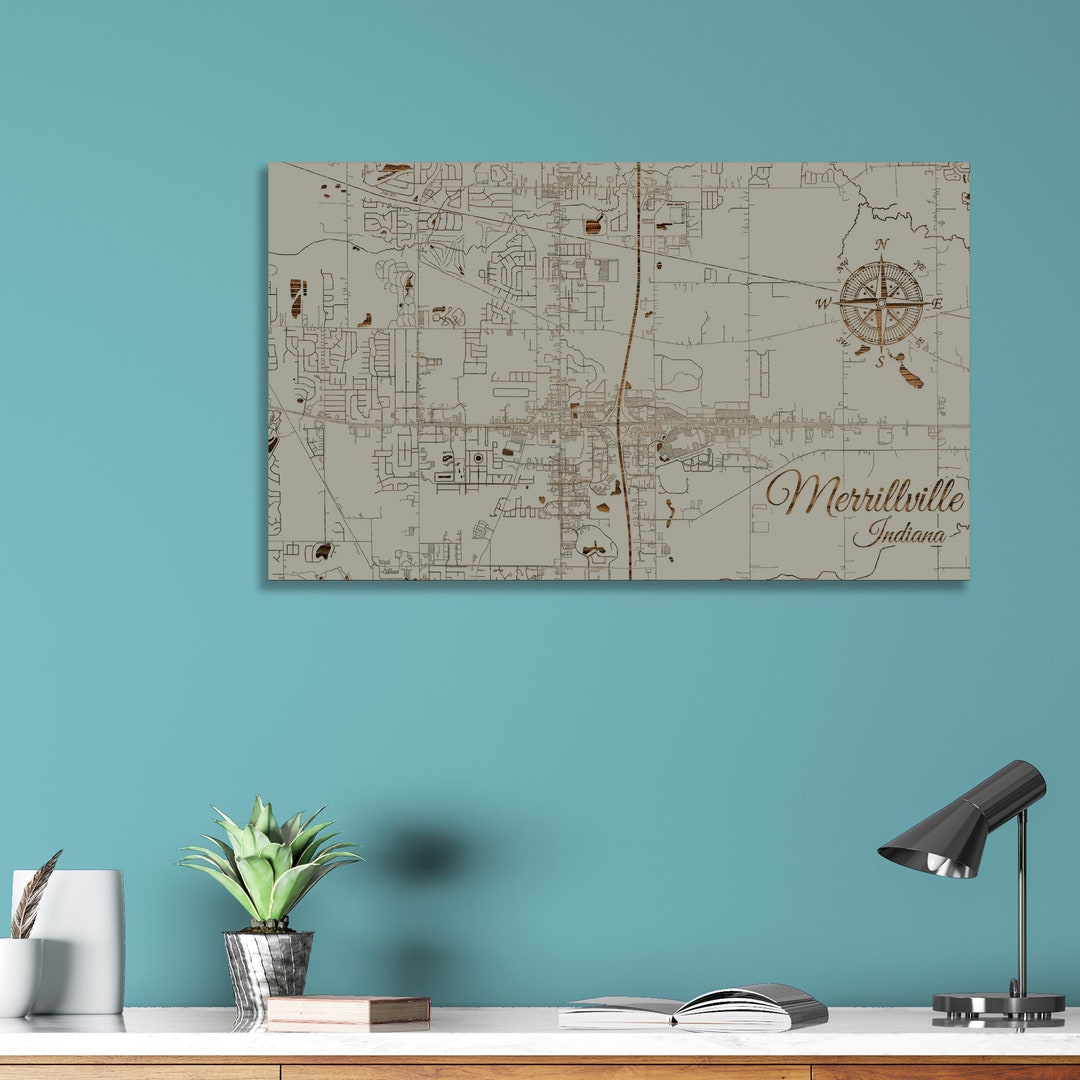 Merrillville, Indiana Street Map | Wood Engraved Map | Wall Art| Wood ...