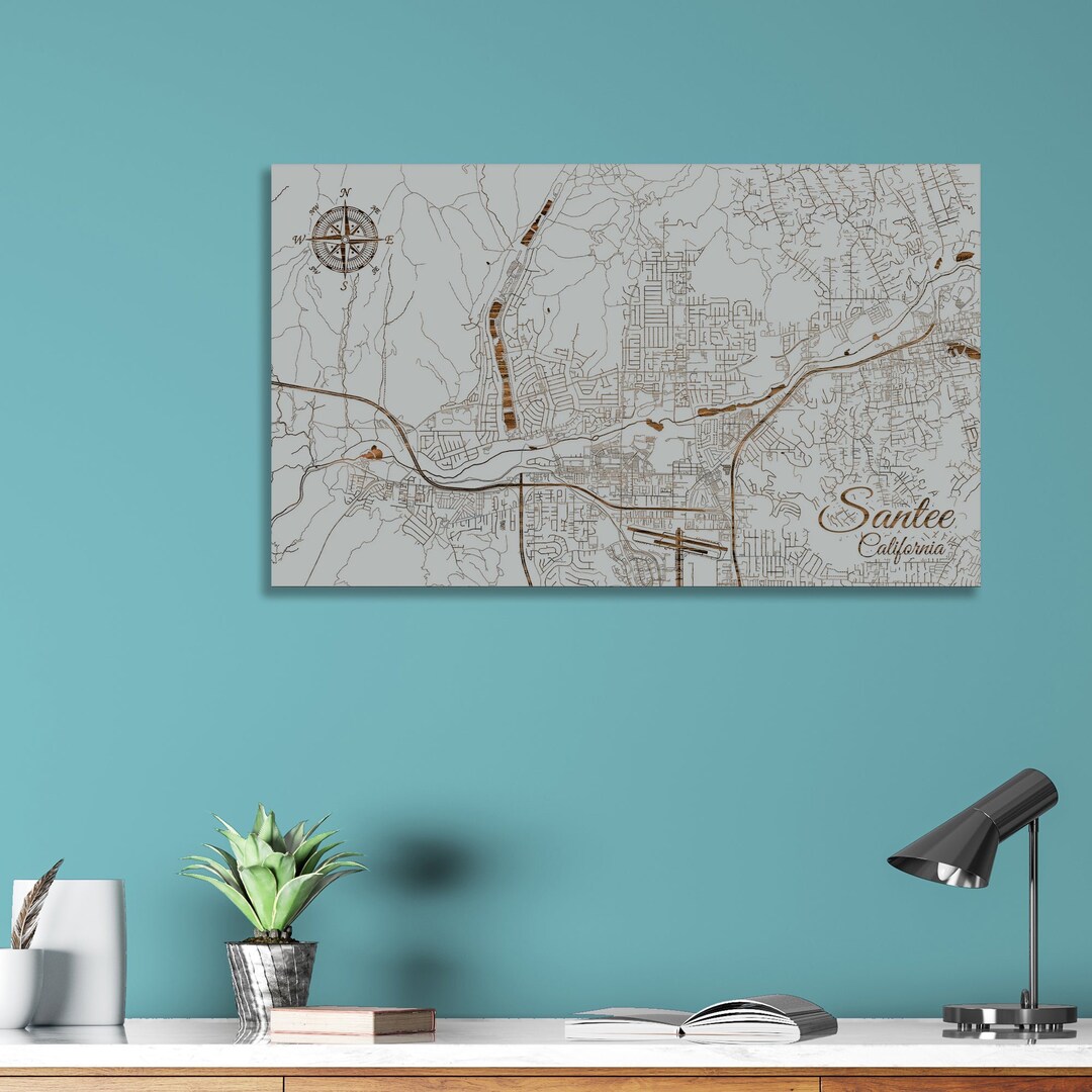 California: Santee Street Map; Wood Engraved Maps, Wall Art| Wood Wall ...