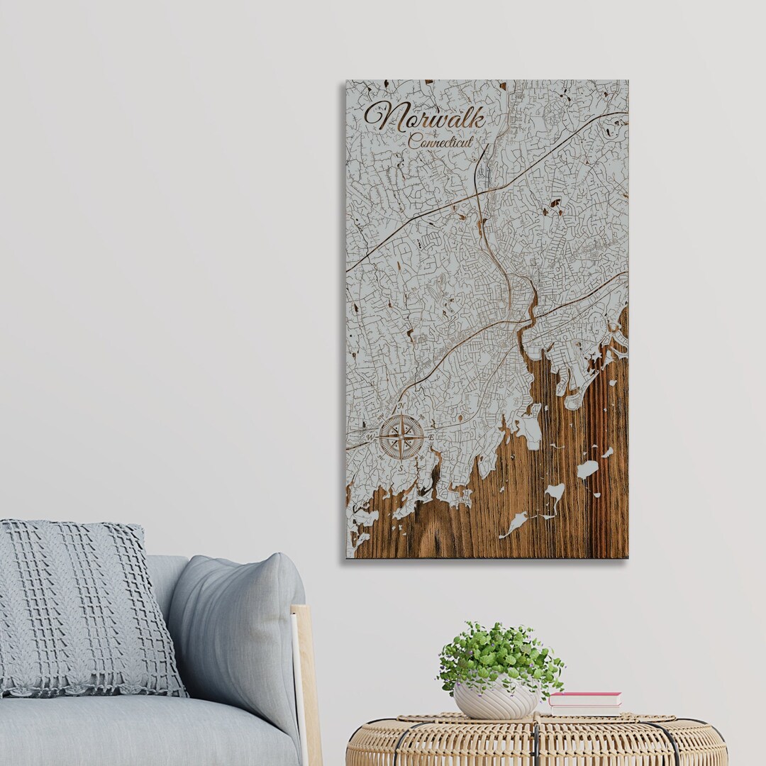 Connecticut: Norwalk Street Map; Wood Engraved Maps, Wall Art| Wood ...