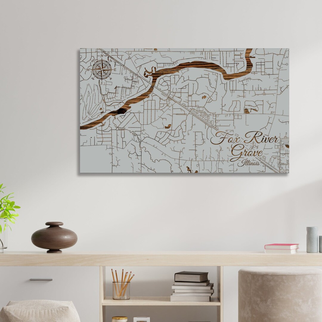 Illinois: Fox River Grove Street Map; Wood Engraved Maps, Wall Art ...