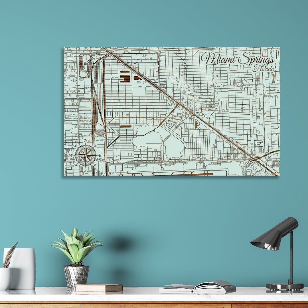 Miami Springs, Florida Street Map | Wood Engraved Maps |wall Art | Wood ...