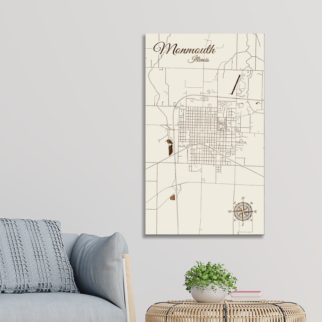 Illinois: Monmouth Street Map; Wood Engraved Maps, Wall Art| Wood Wall ...