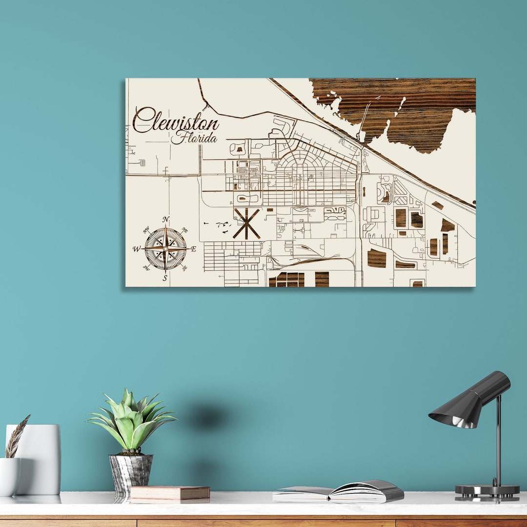 Clewiston, Florida Street Map | Wood Engraved Maps | Wall Art| Wood ...