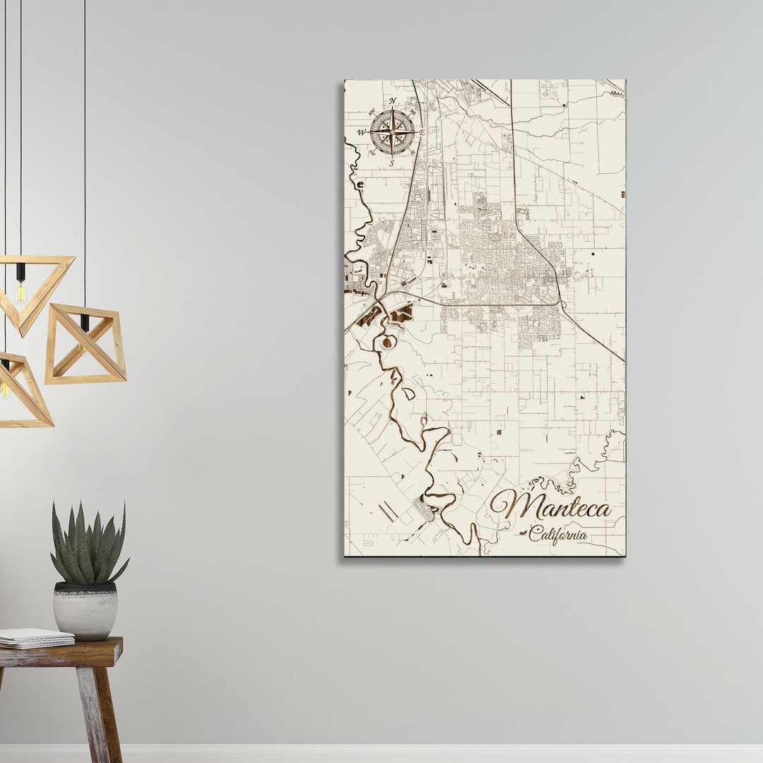 California: Manteca Street Map; Wood Engraved Maps, Wall Art| Wood Wall ...