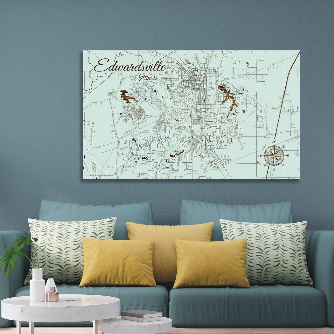 Illinois: Edwardsville Street Map; Wood Engraved Maps, Wall Art| Wood ...
