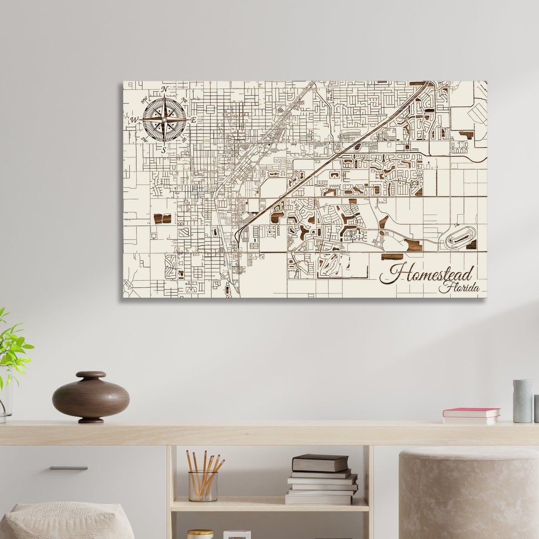 Homestead, Florida Street Map | Wood Engraved Maps | Wall Art| Wood ...