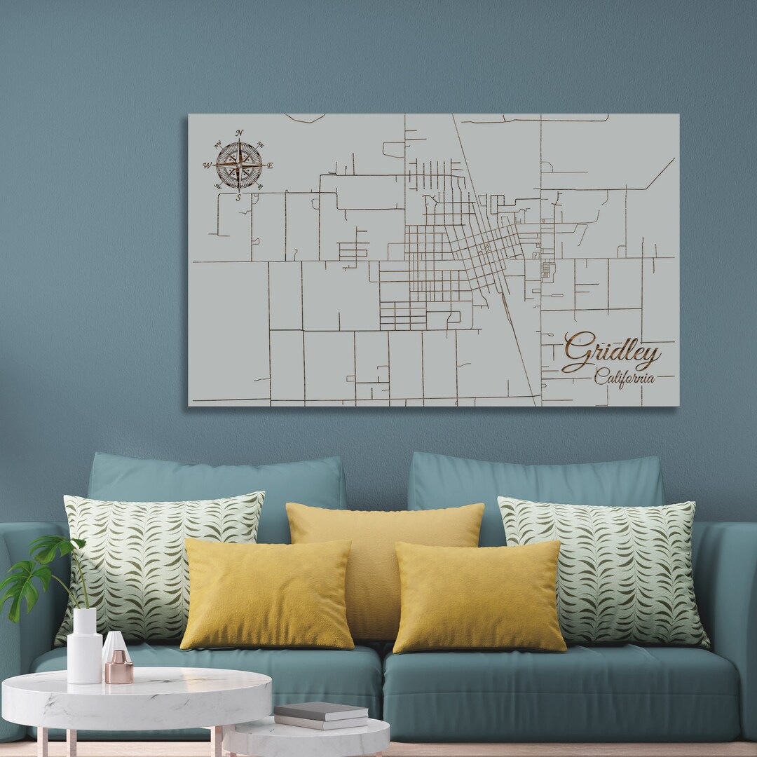 California: Gridley Street Map; Wood Engraved Maps, Wall Art| Wood Wall ...
