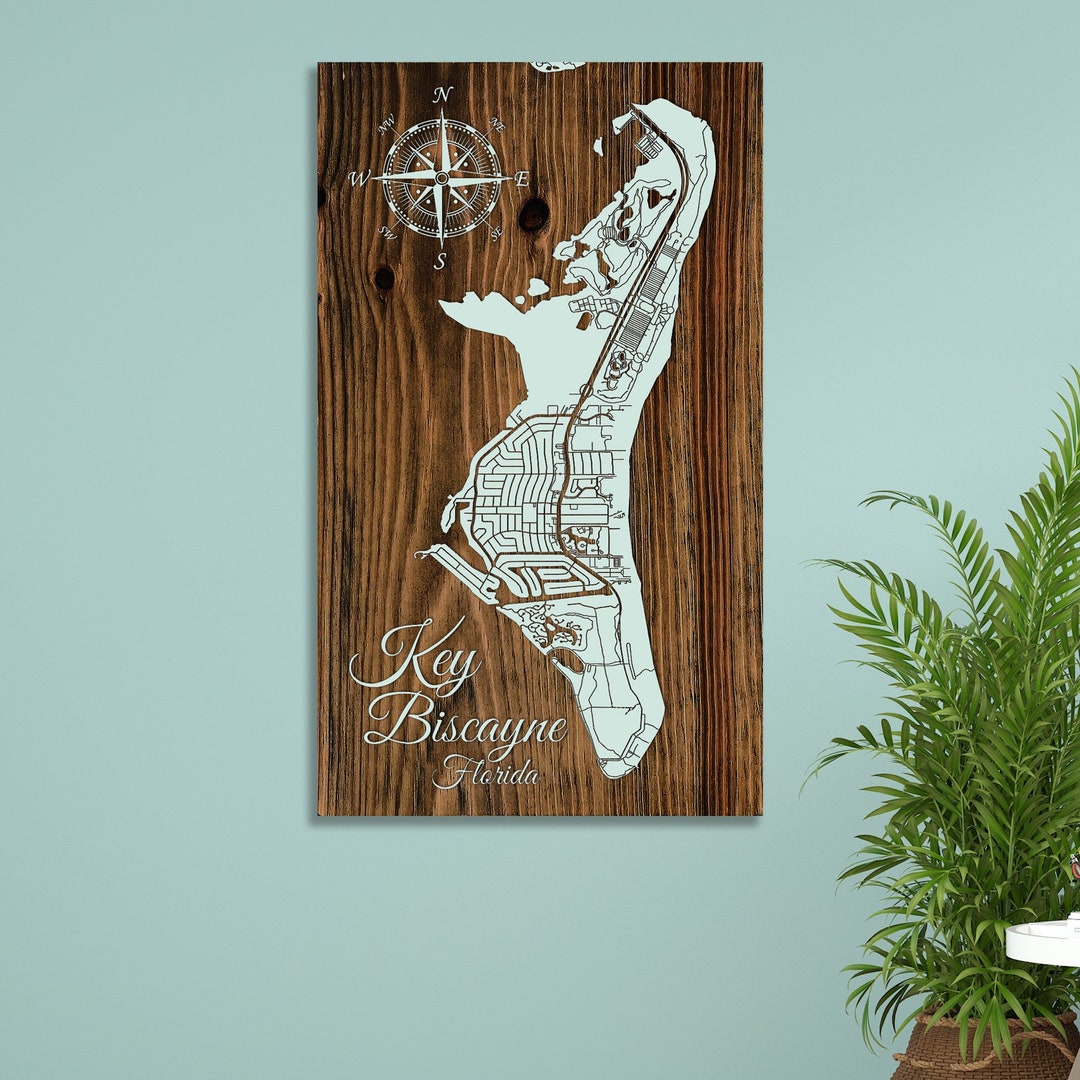 Key Biscayne, Florida Street Map | Wood Engraved Maps, Wall Art| Wood ...