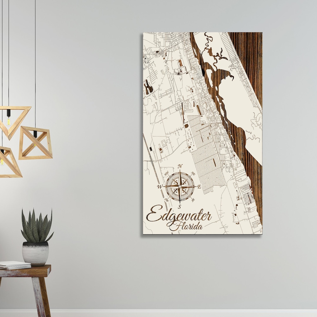Edgewater , Florida Street Map | Wood Engraved Maps | Wall Art| Wood ...