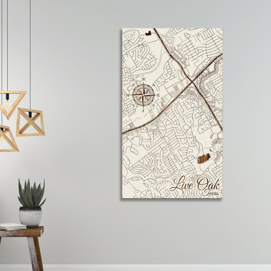 Texas: Live Oak Street Map Wood Wall Decor - Etsy